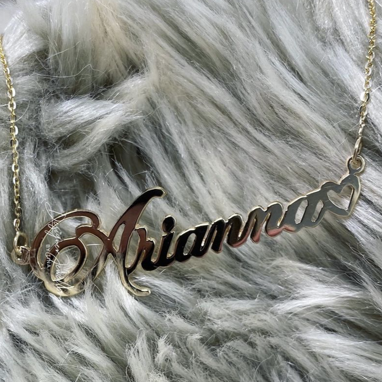 High Polish Cursive Font Personalized Name Necklace with Open Heart an